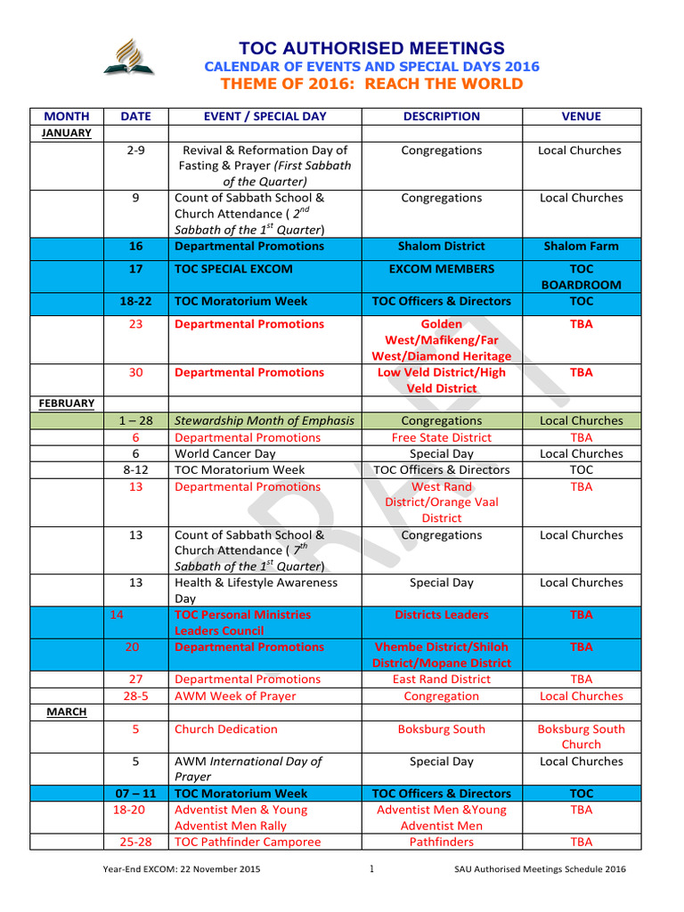 Toc Authorised Meetings and Calendar of Events-2016 | PDF | Observances