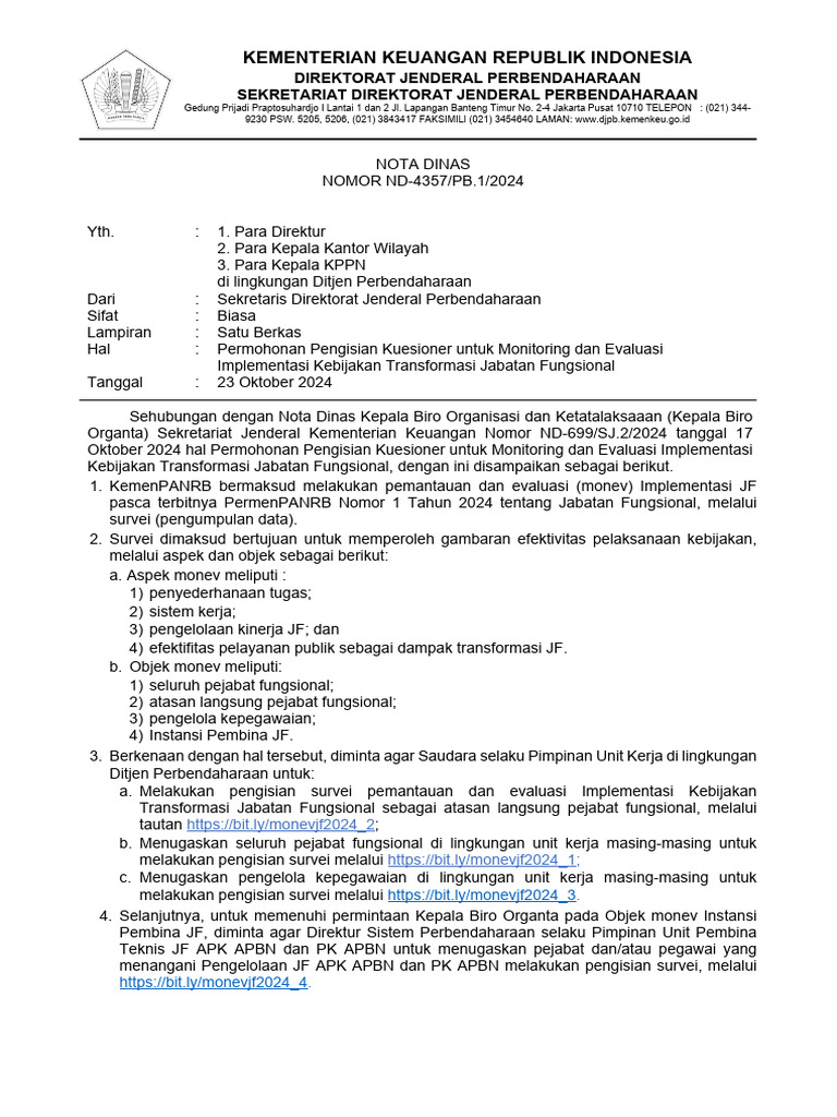 Permohonan Pengisian Kuesioner Untuk Monitoring Dan Evaluasi Implementasi Kebijakan Transformasi ...