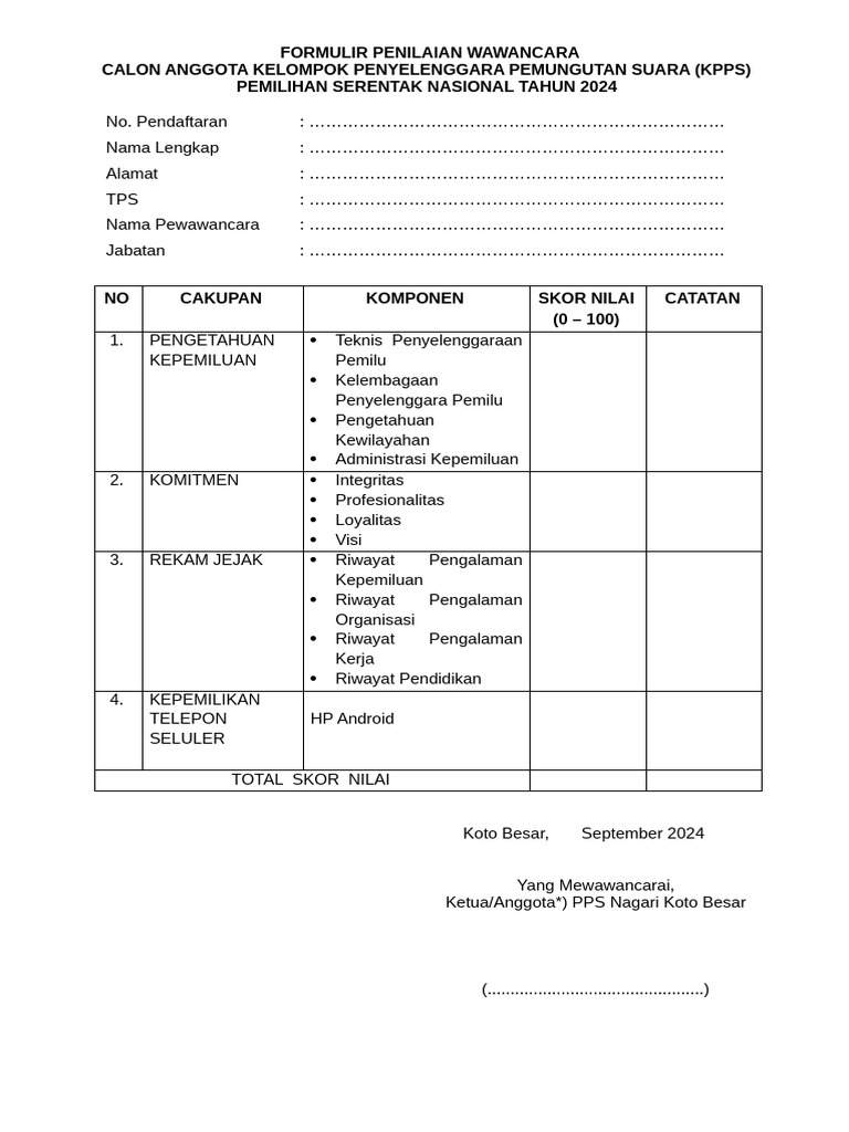Formulir Penilaian Wawancara KPPS | PDF