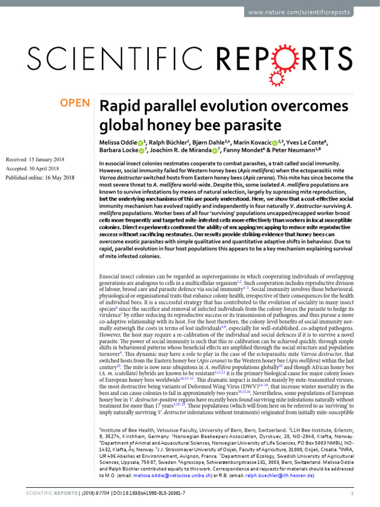Rapid Parallel Evolution Overcomes Global Honey Bee Parasite | PDF | Honey Bee | Bees