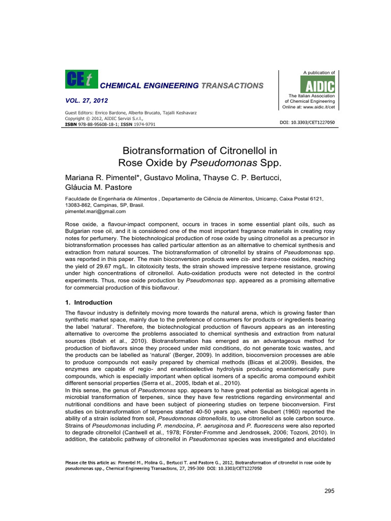 Citronellol Synth - Biotransformation of Citronellol in Rose Oxide by ...