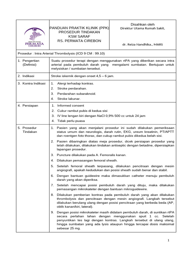 PPK Prosedur Tindakan Intra Arterial Thrombolysis - RSST | PDF