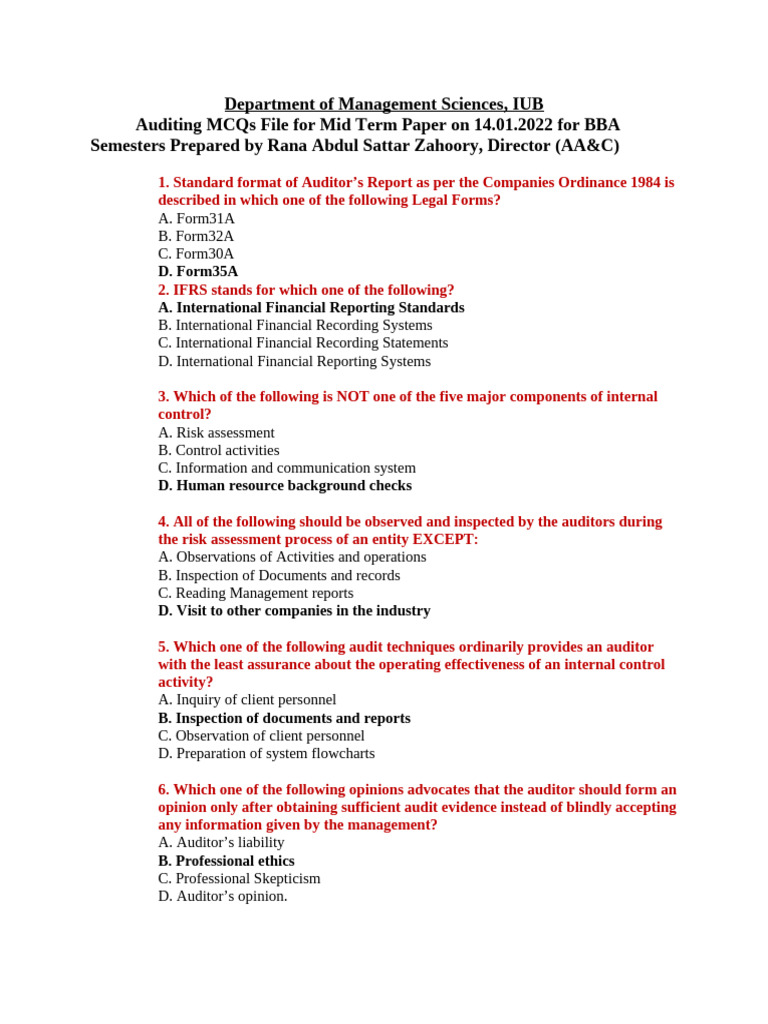 Auditing MCQs Mega File | PDF | Audit | Internal Control