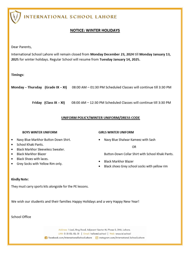 Winter Holidays Notice | PDF
