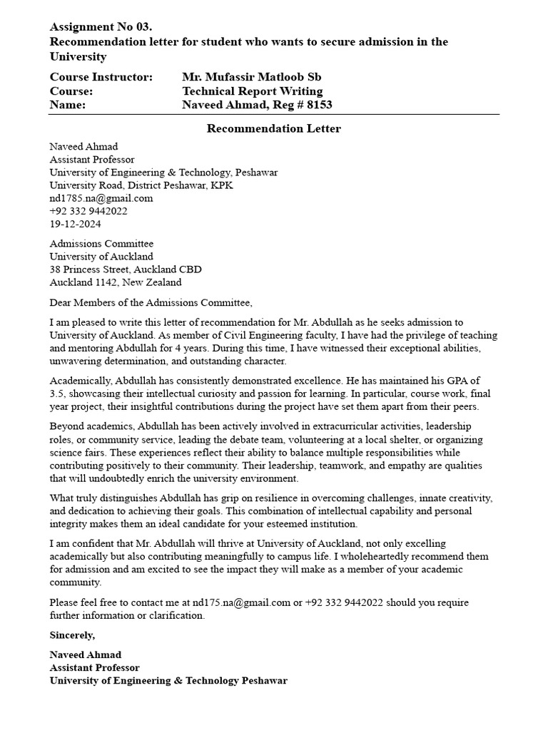 Rec Letter Naveed 8153 Technical Report Assignment 03 | PDF ...