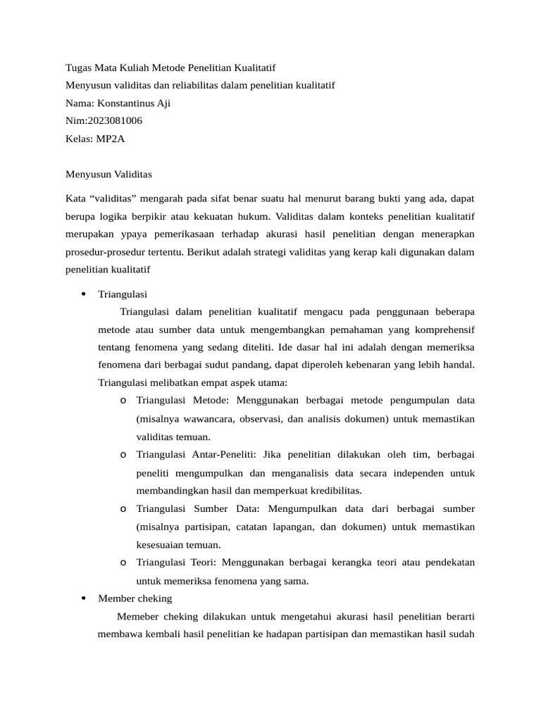 Tugas MetoPen Kualitatif Menyusun Validitas Dan Reliabilitas Dalam Penelitian Kualitatif | PDF