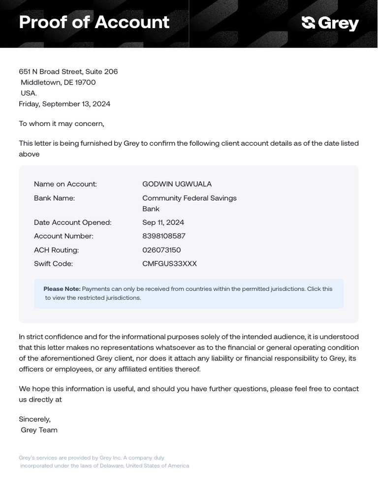 USD Proof of Account | PDF