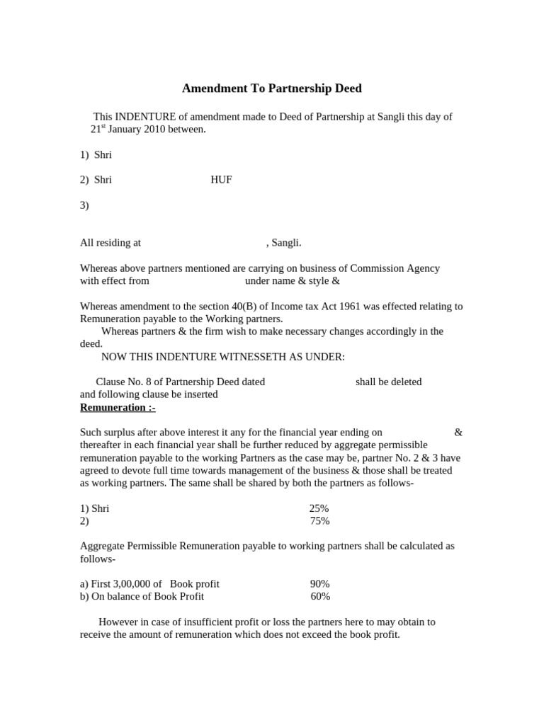 Amendment To Partnership Deed Format | PDF