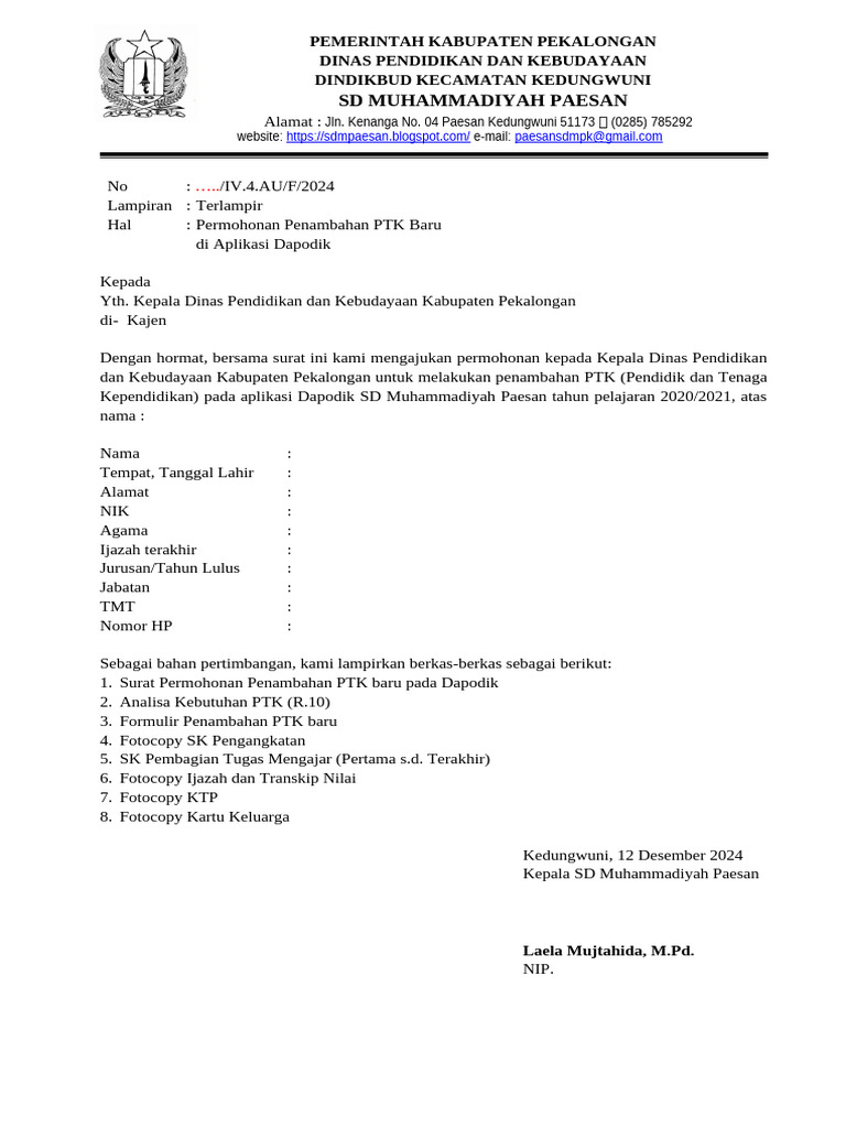 Surat Permohonan Penambahan PTK Baru | PDF