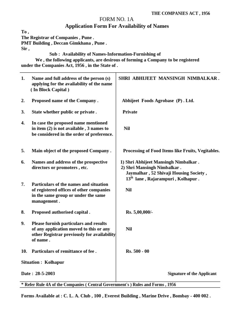 FORM NO. 1A | PDF