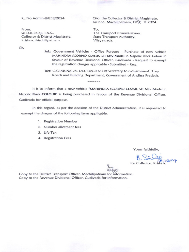 Ltr to Transport Commissioner, RDO,Gudivada_vehicle | PDF