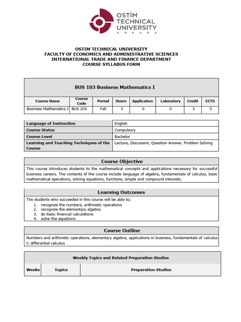 BUS 103 Business Mathematics I - Syl-ITF | PDF | Matrix (Mathematics ... BUS 103 Business Mathematics I - Syl-ITF | PDF | Matrix (Mathematics ...