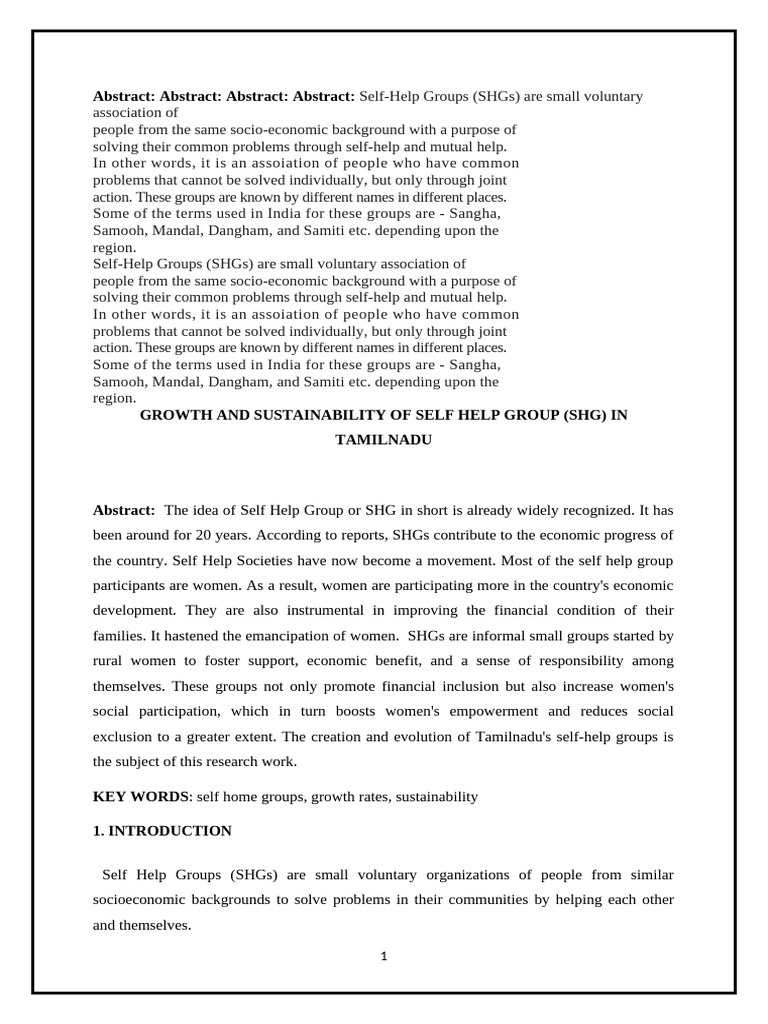 Growth and Sustainability of Self Help Group (SHG) in Tamilnadu | PDF ...