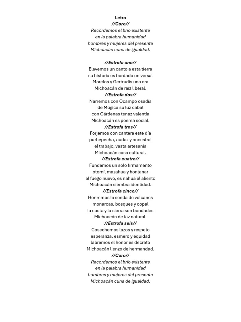 Letra HIMNO MICHOACAN | PDF