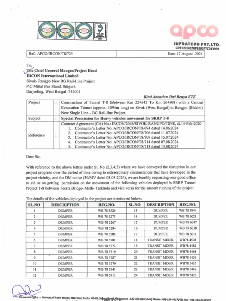 APCO-725 - Special Permission For Heavy Vehicle Movement For SRRP T8 | PDF