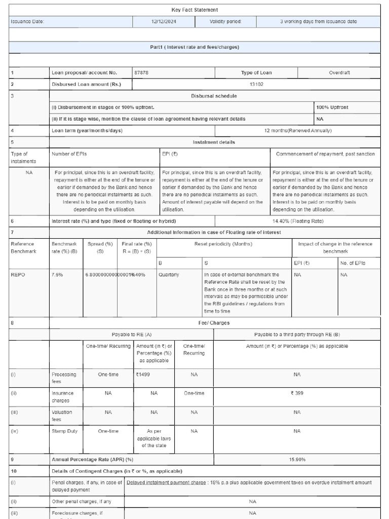 Key Fact Statement | PDF