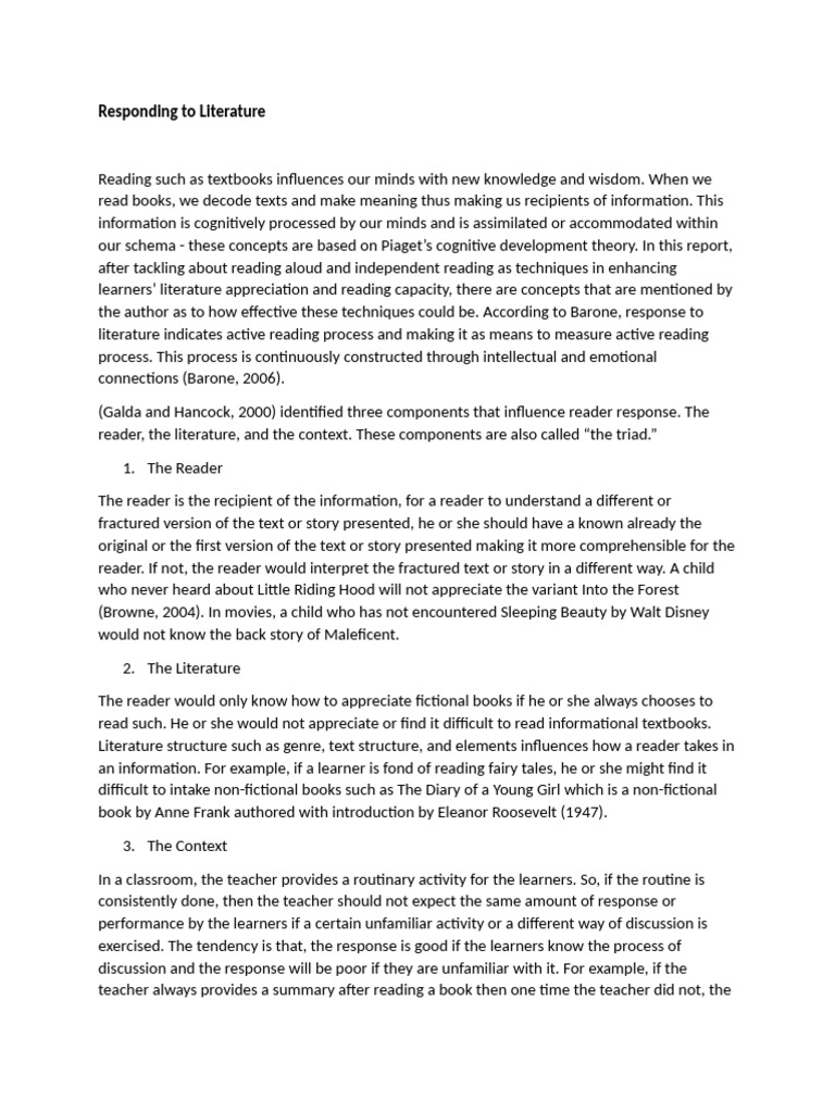 Responding To Literature | PDF | Cognitive Psychology | Cognition