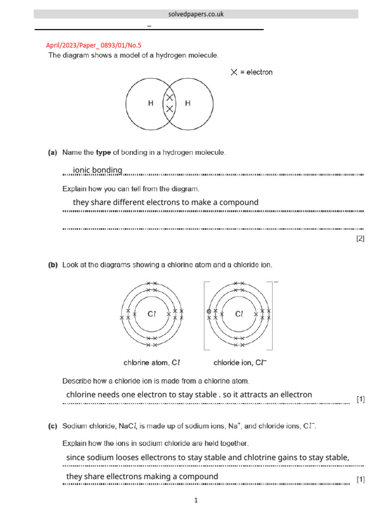 2023 Chemical Bonding and Structures Checkpoint - Sec - 1 | PDF