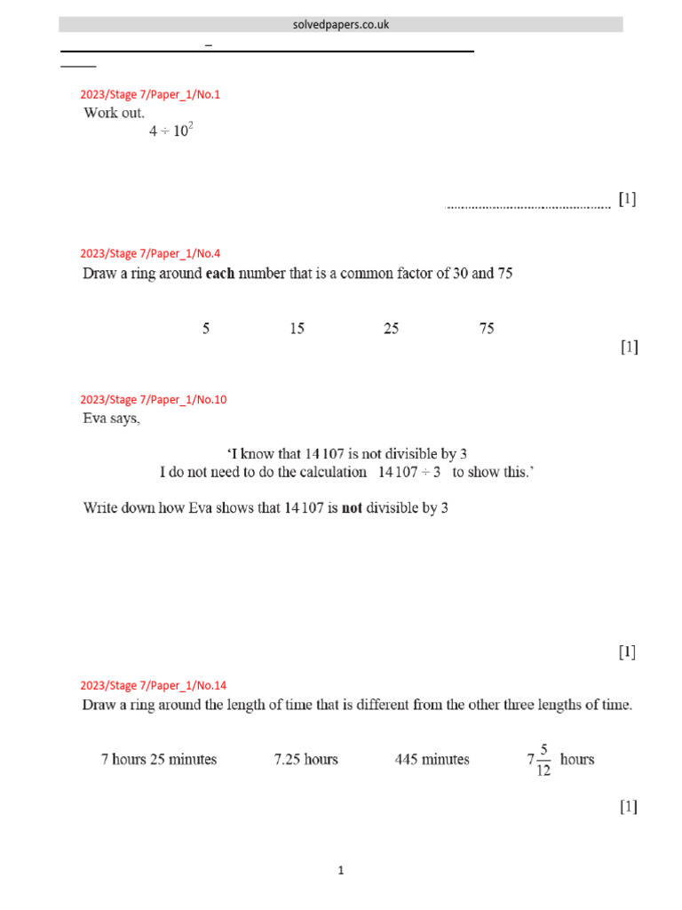 2023 Number and Calculation Checkpoint Sec1 Math Progression Stage 7 | PDF