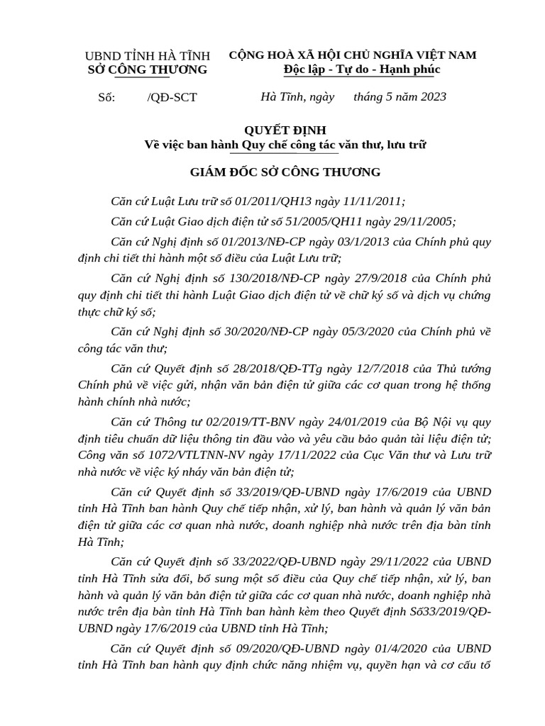 2023 QD Ban Hanh Quy Che Van Thu Luu Tru - Hoangvanquang 29 05 2023 - 09h38p17 | PDF