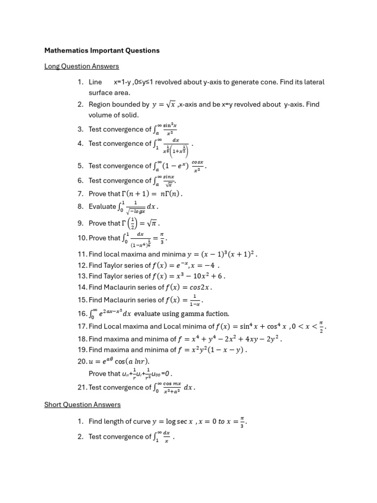 Maths Important Questions | PDF | Mathematical Analysis | Mathematics Of Computing