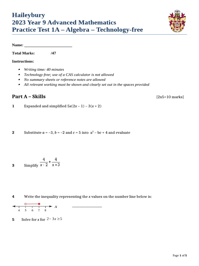 Year 9 Algebra Practice Test 1A | PDF | Equations | Algebra