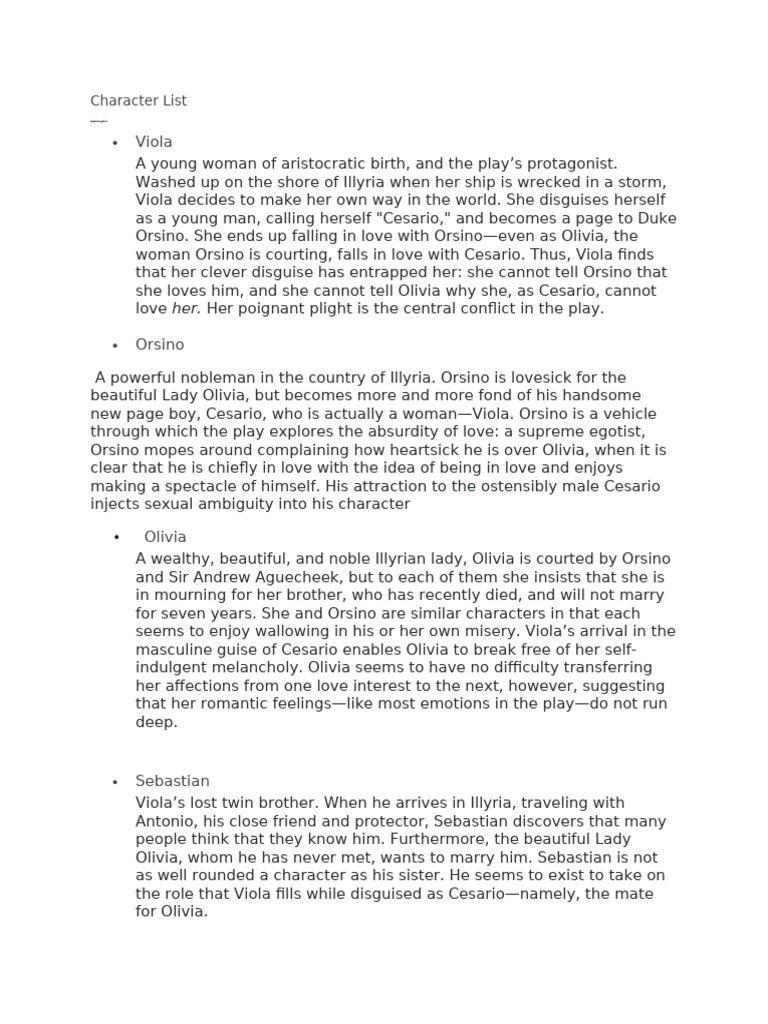 Viola: Character List | PDF | Shakespearean Comedies | Twelfth Night