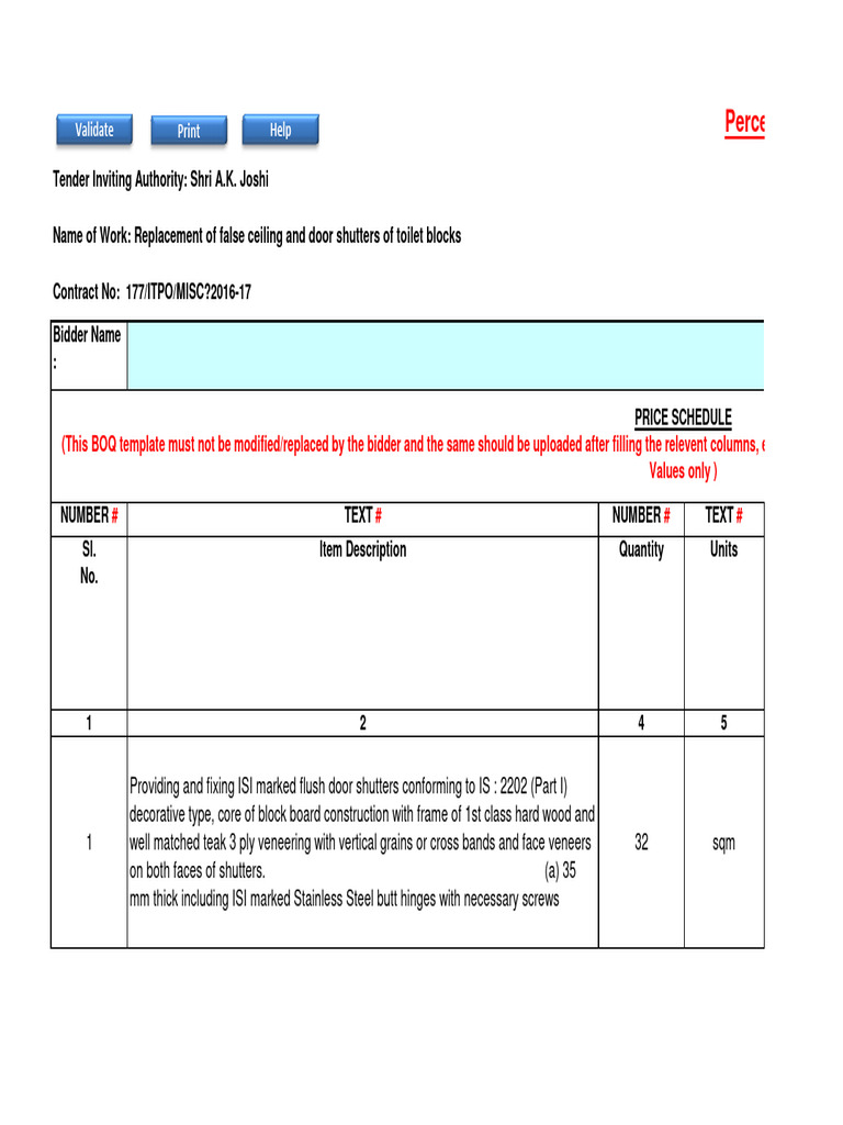 BOQ False Ceiling Price Bid | PDF | Door | Screw