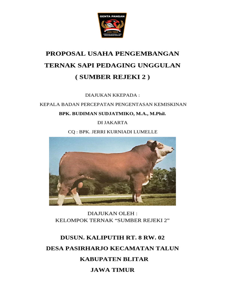 Mbak Indri - Cover, Daftar Isi DLL Proposal Usaha Pengembangan Ternak Sapi Pedaging Unggulan | PDF