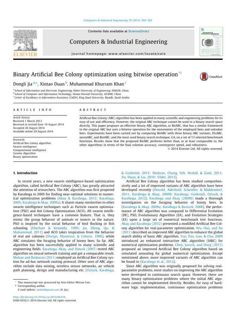 2014 Elsevier Binary Artificial Bee Colony Optimization Using Bitwise Operation Pdf Genetic