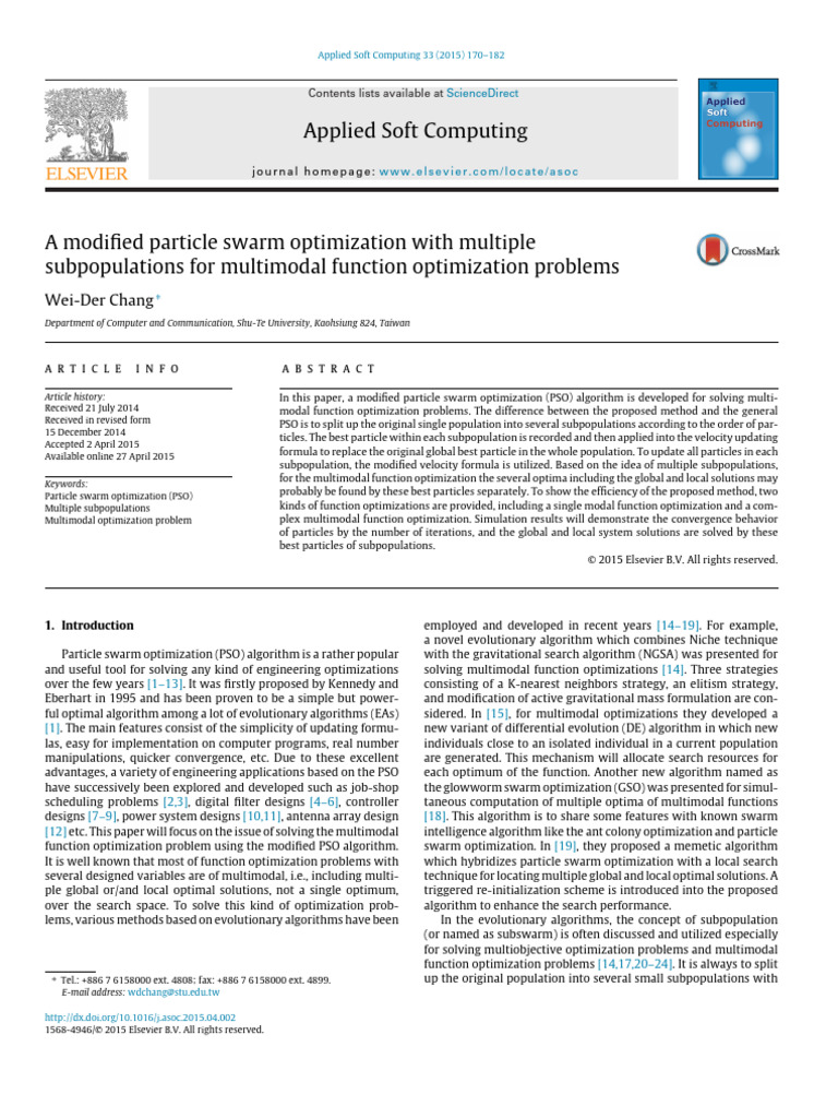 2015 Elsevier A Modified Particle Swarm Optimization With Multiple Subpopulations For Multimodal