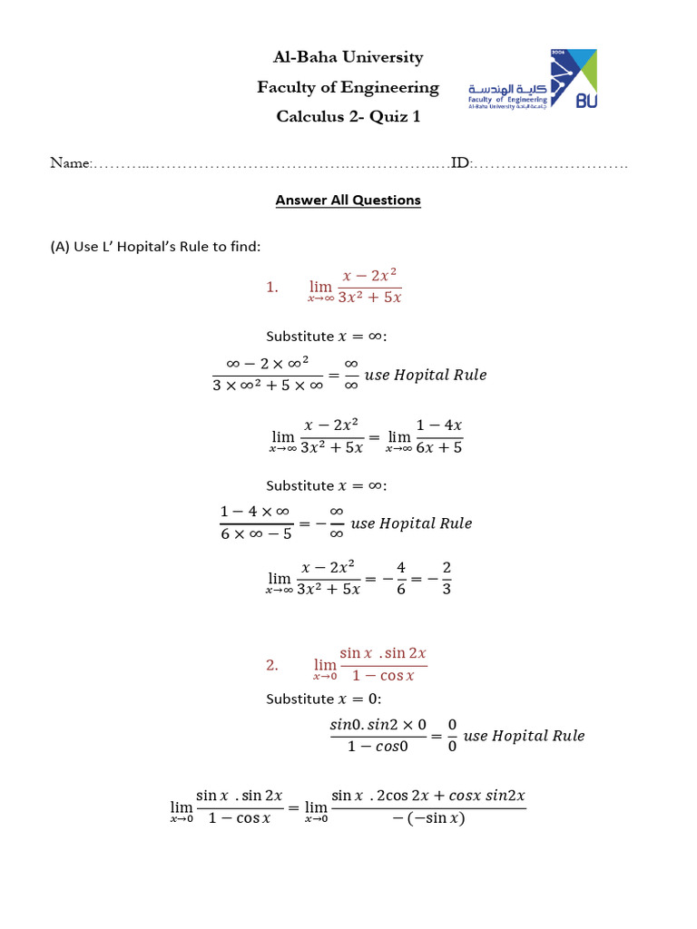 Calculus 2 Quiz 1 3rd 1445 G1 Solution | PDF