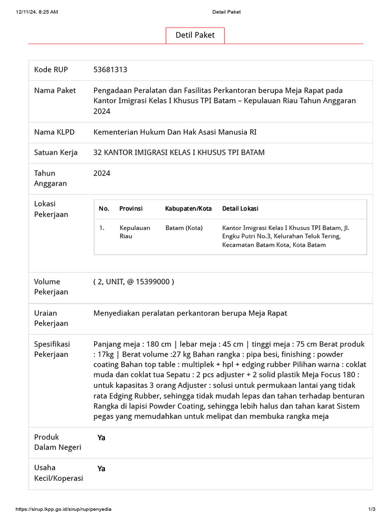 RUP - Pengadaan Meja | PDF