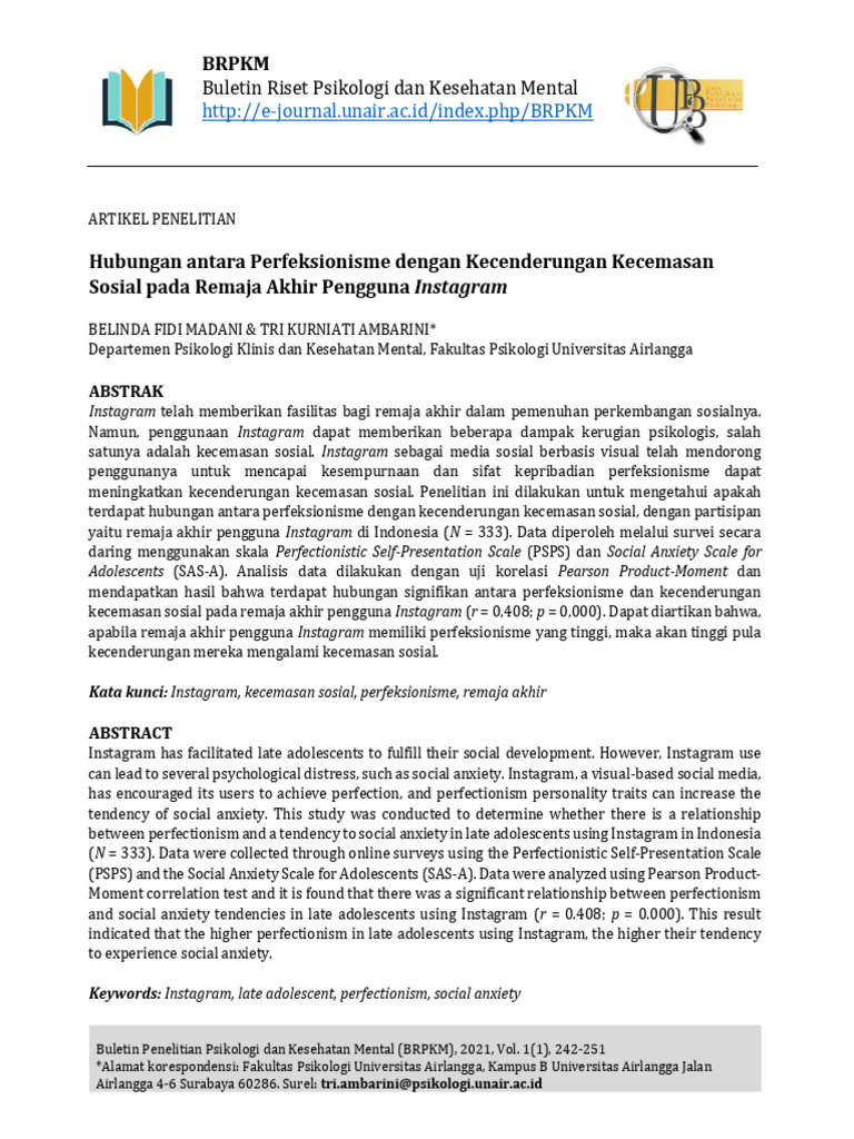 Hubungan Antara Perfeksionisme Dengan Kecenderungan Kecemasan Sosial Pada Remaja Akhir Pengguna ...