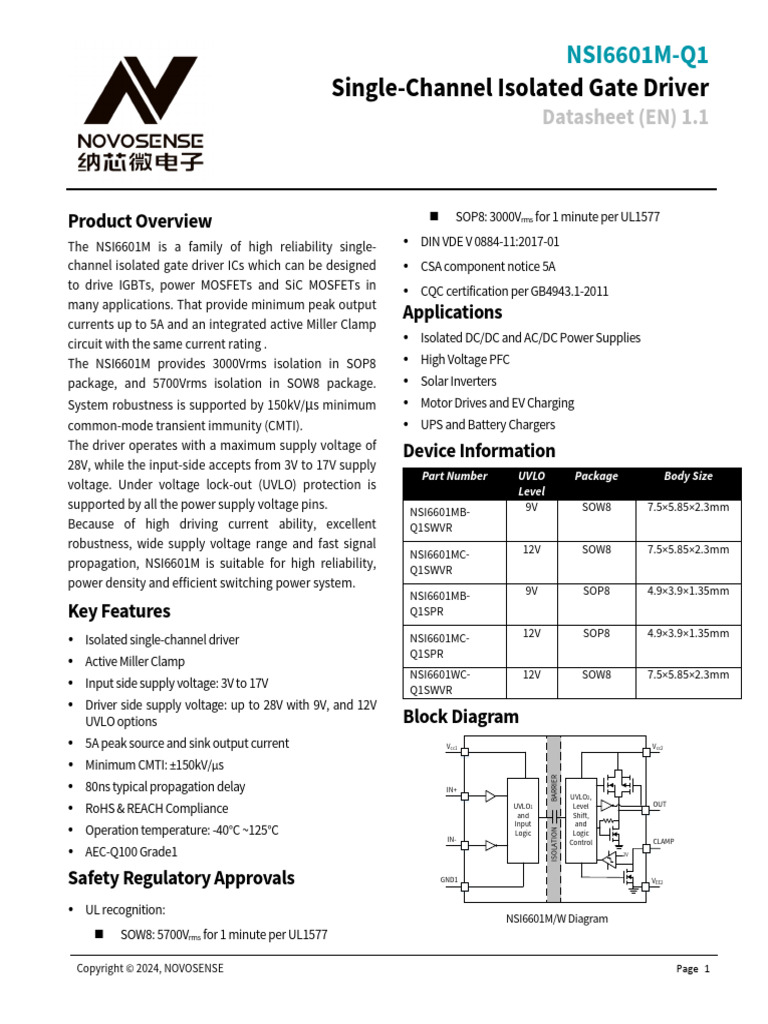 NSI6601M-Q1_Datasheet_V1.1 | PDF | Power Supply | Electrostatic Discharge