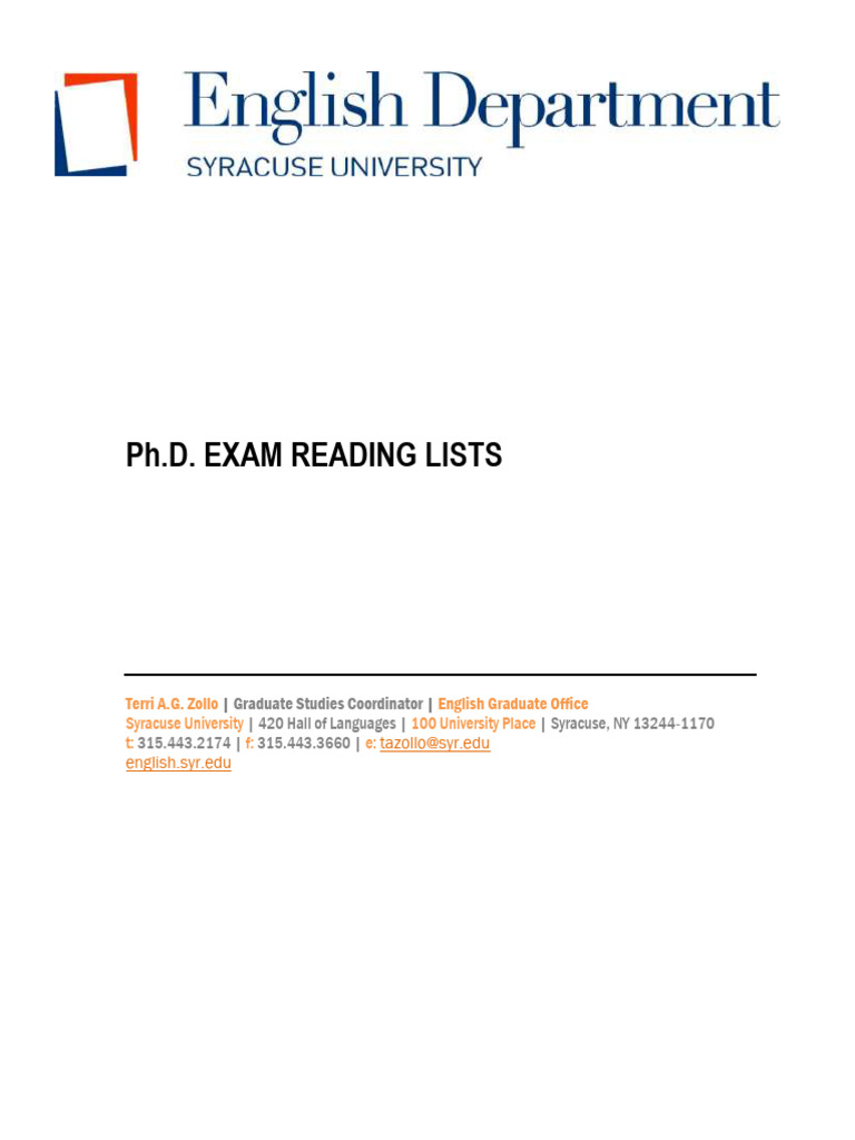 Phd Exam Reading Lists | PDF | Samuel Taylor Coleridge | Gilles Deleuze