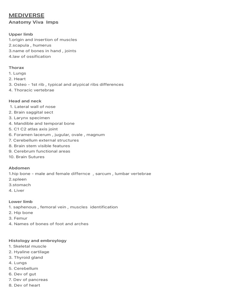 MediVerse Anatomy Viva Imps | PDF