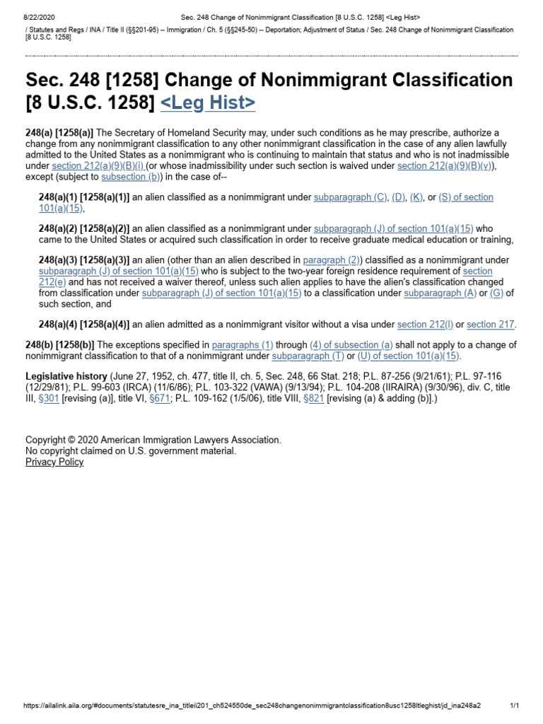 Sec. 248 Change of Noni | PDF | United States Code | Immigration