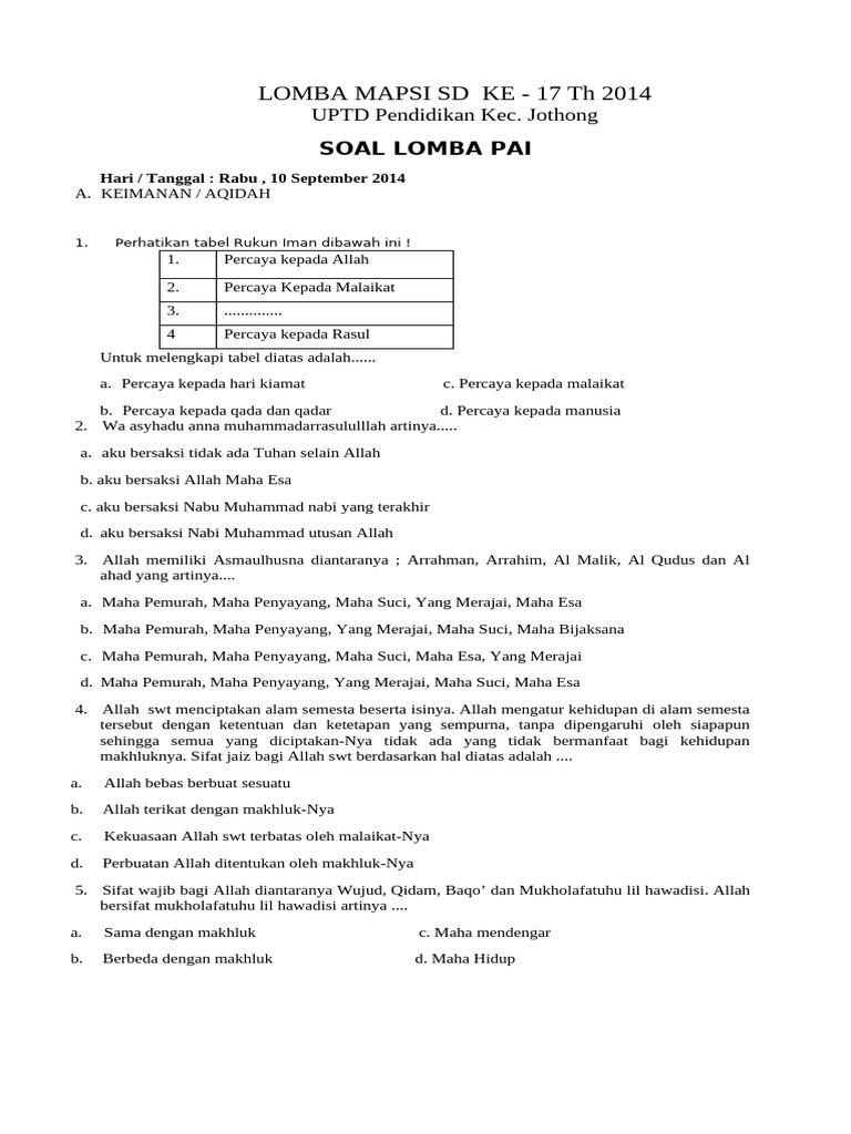 Soal Lomba PAI SD 2014 MAPSI | PDF