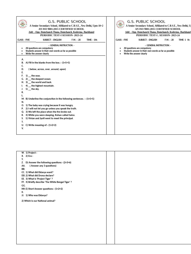 Class 5 English Test Paper | PDF