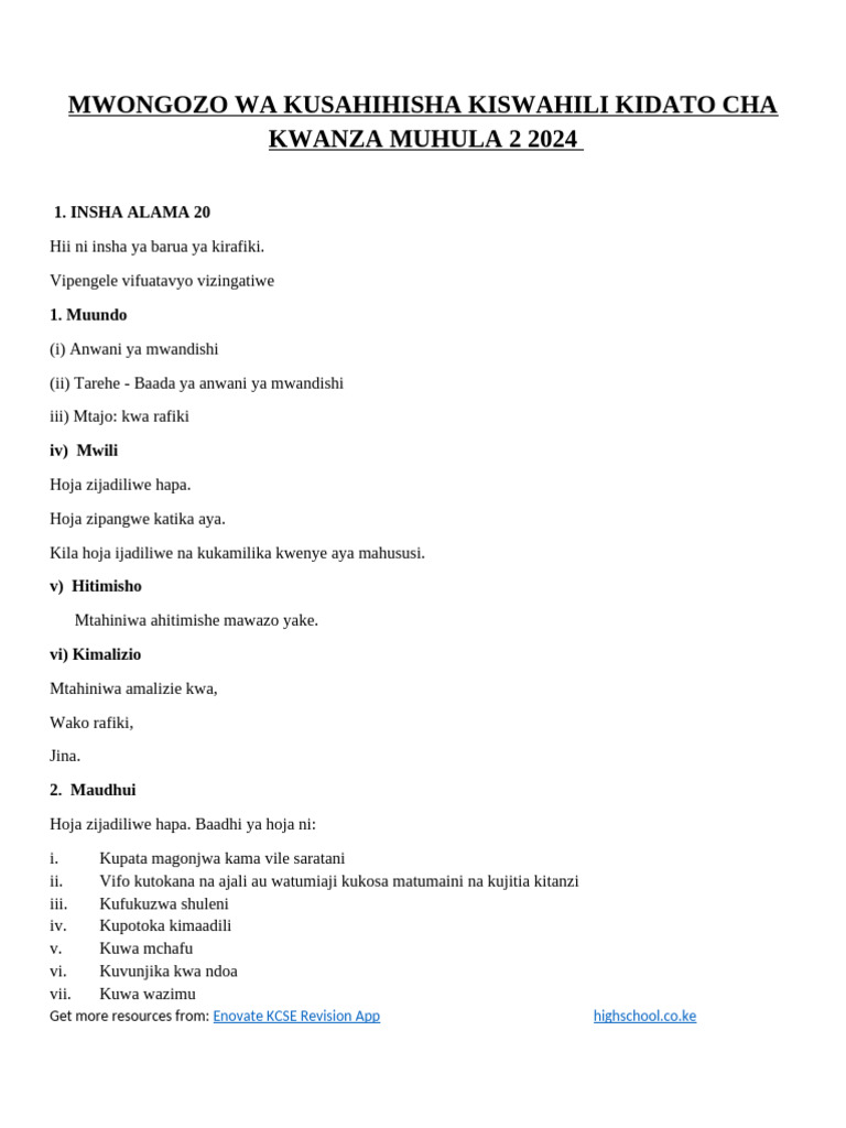 Kiswahili Form 1 Opener Term 3 2024 MS | PDF