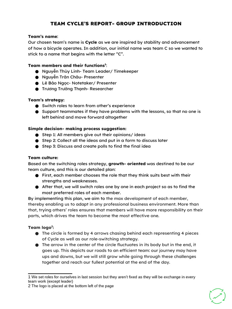 Team Cycle's Report - Group Introduction | PDF