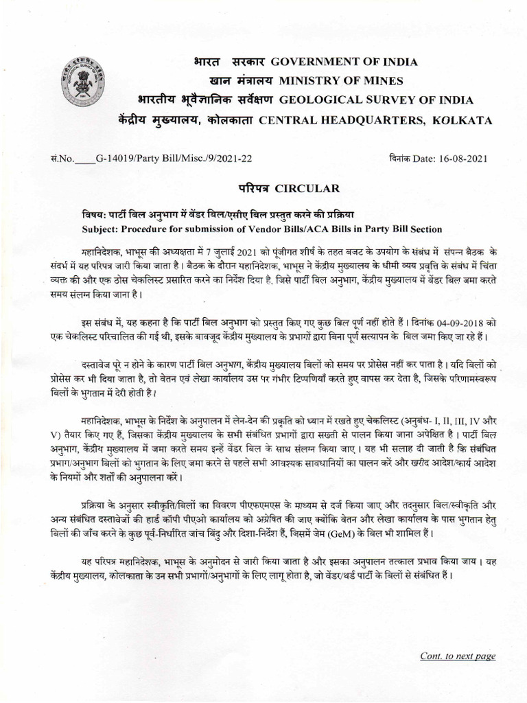 Circular - Bill Submission Checklist | PDF