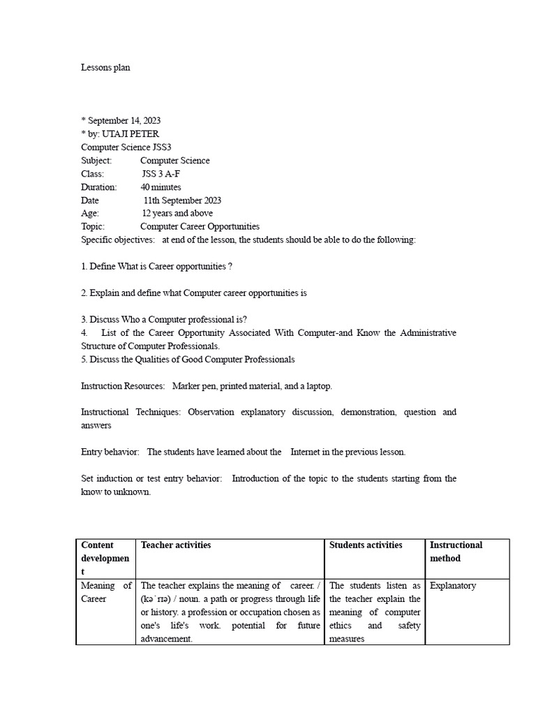 Lessons Plans jss3 1 | PDF | Teachers | Computer Programming