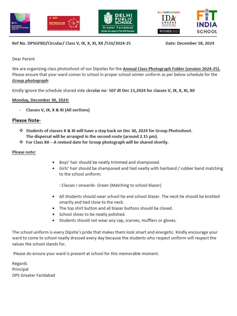 Class Photoshoot Schedule for DPS Students | PDF