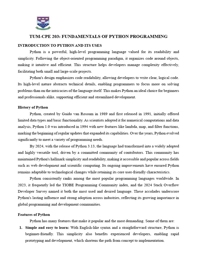 TUM-CPE 203 Module 1 | PDF | Python (Programming Language) | Computer Programming