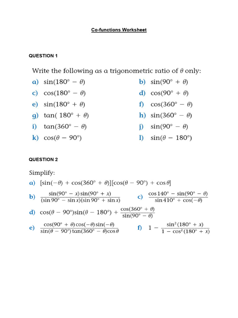 Co-functions Worksheet | PDF