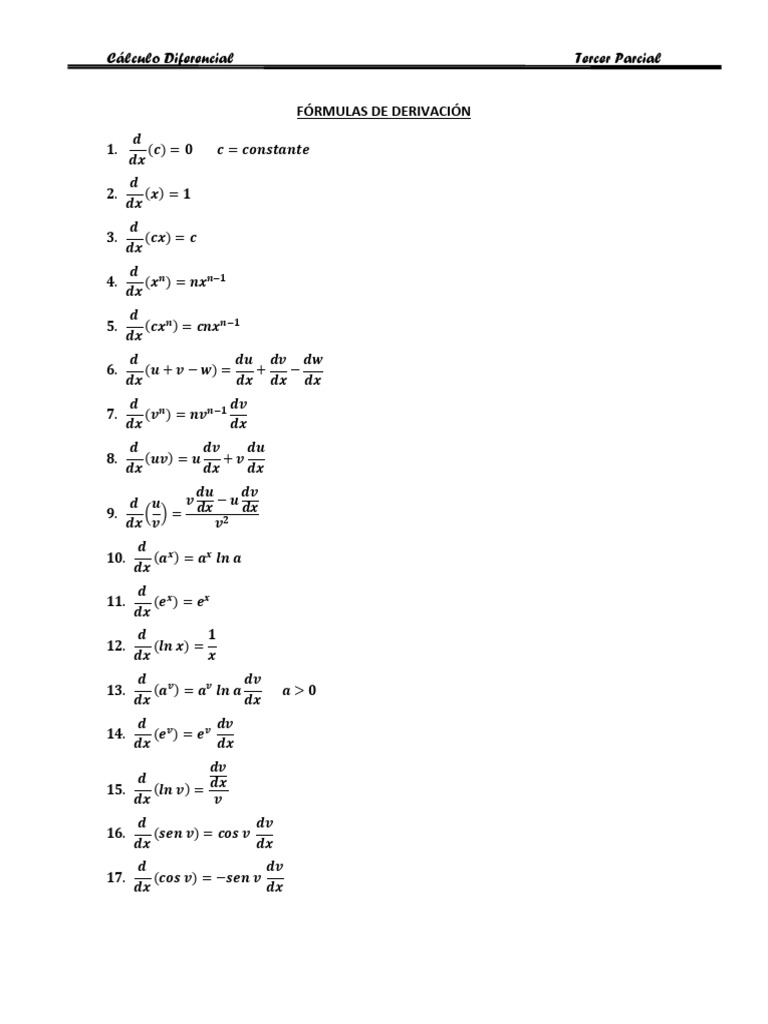 Fórmulas Derivación Cálculo Dif. | PDF