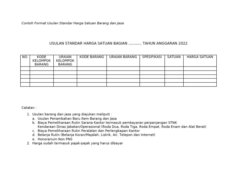 Contoh Format Usulan Standar Harga Satuan Barang Dan Jasa | PDF