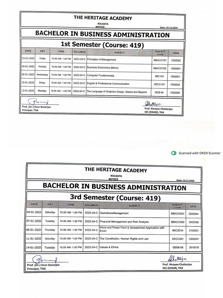 BBAODD Semester Exam Schedule | PDF